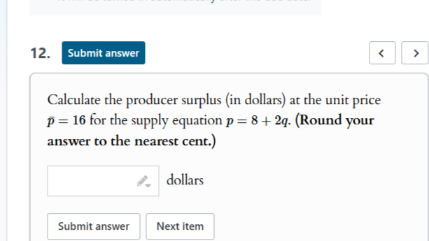 Solved Calculate the producer surplus (in ﻿dollars) at ﻿the | Chegg.com