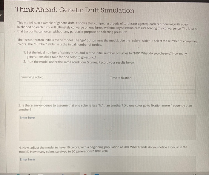 Think Ahead: Genetic Drift Simulation This model is | Chegg.com