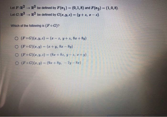 Solved Let F:R2 + R3 be defined by Fle1)= (0,1,8) and F(ez) | Chegg.com Solved Let F:R2 + R3 be defined by Fle1)= (0,1,8) and F(ez) | Chegg.com