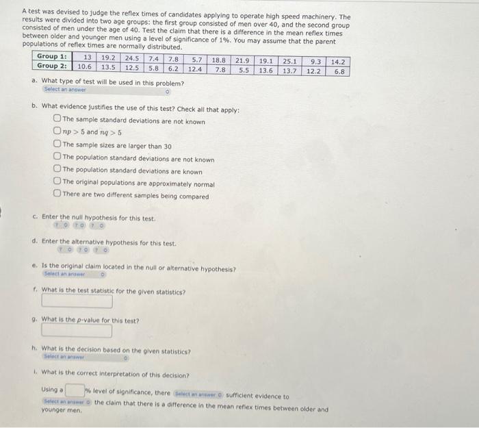 Solved A test was devised to judge the reflex times of | Chegg.com