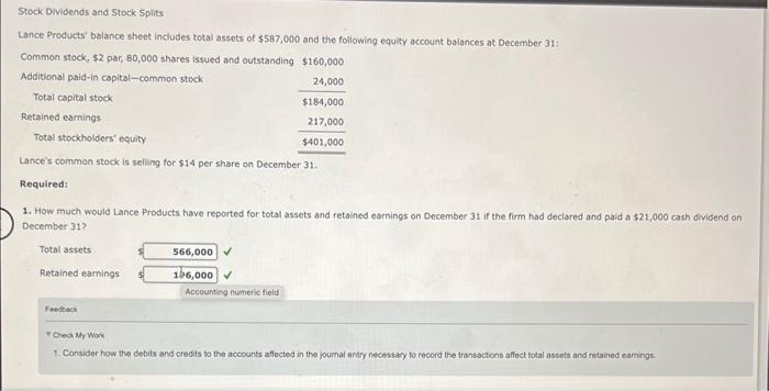 Solved Stock Dividends and Stock Splits Lance Products' | Chegg.com