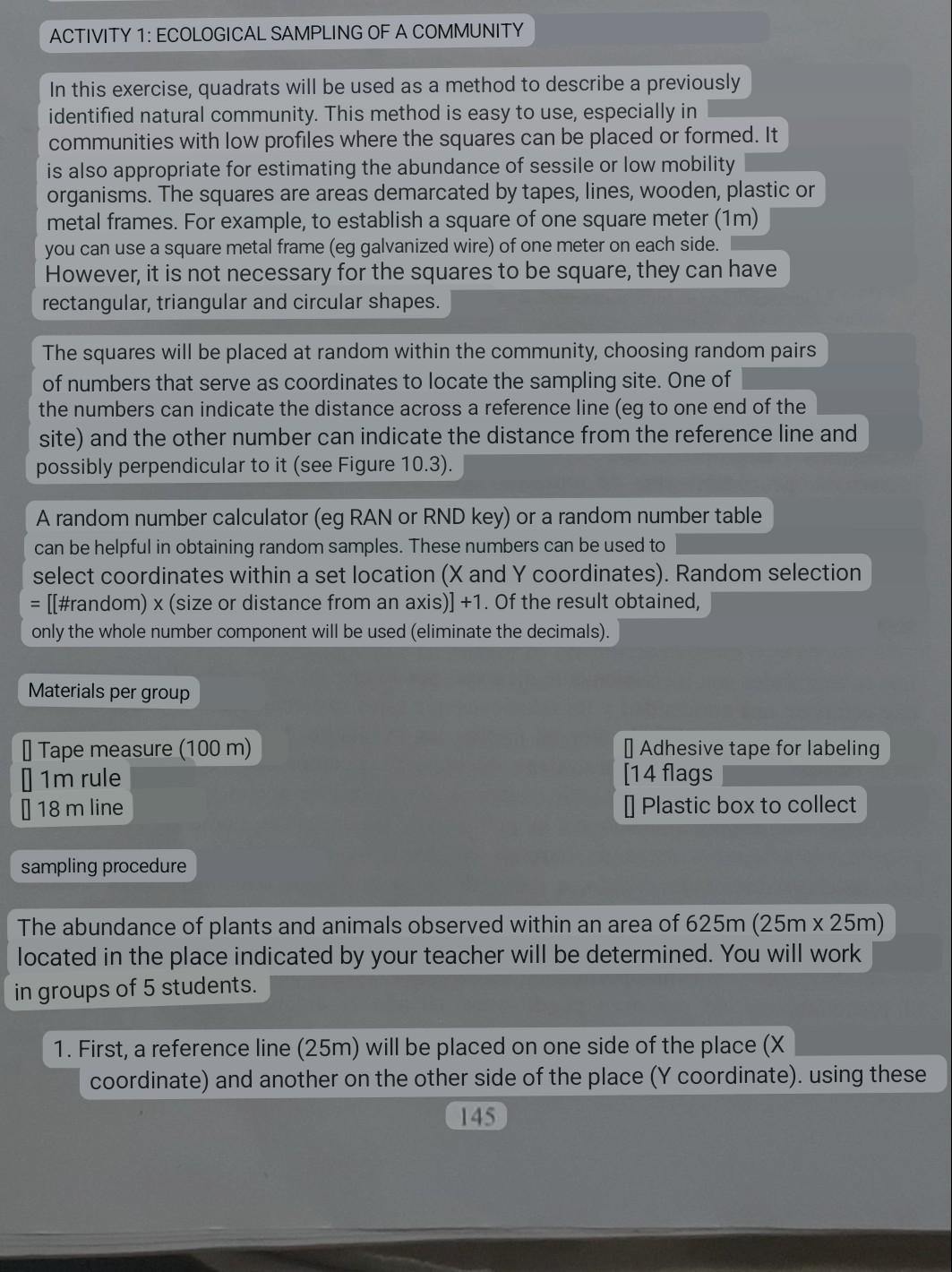 In this exercise, quadrats will be used as a method | Chegg.com
