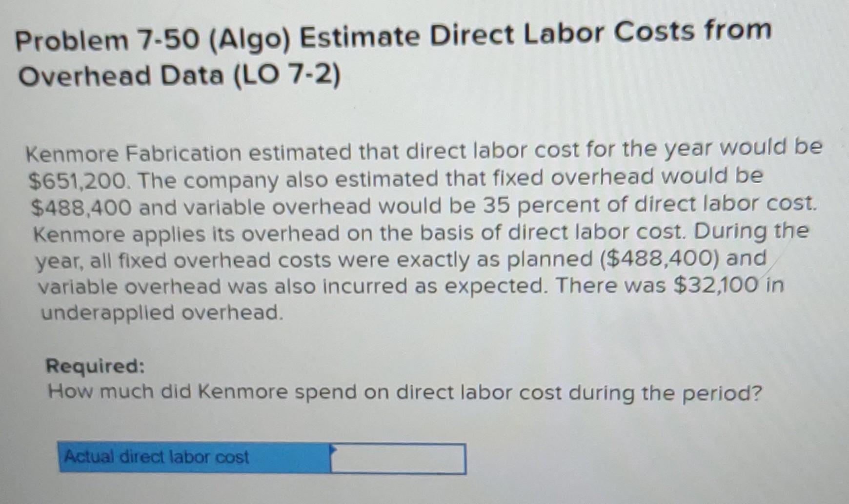 Solved Problem 7.50 (Algo) Estimate Direct Labor Costs from | Chegg.com