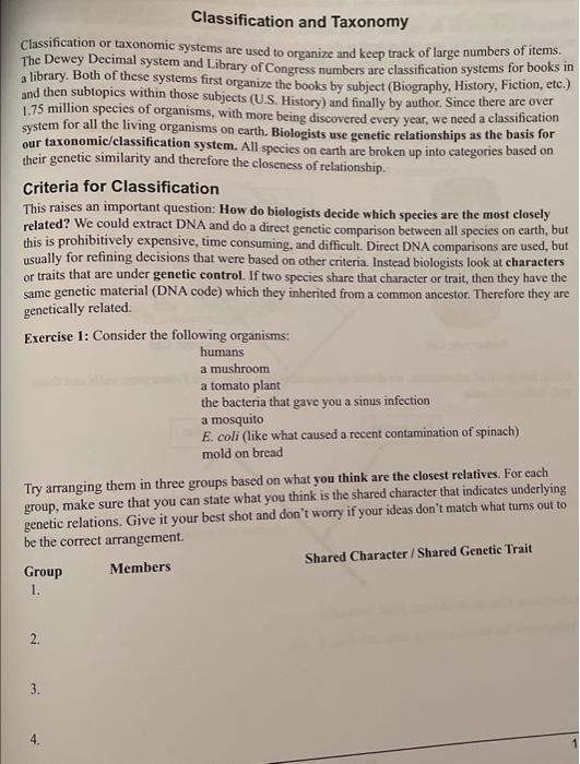 Solved Classification and Taxonomy Classification or | Chegg.com
