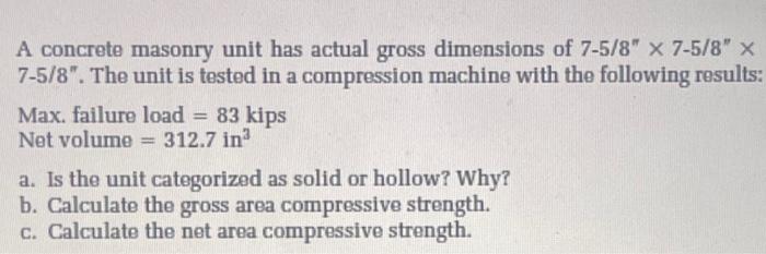 Solved A concrete masonry unit has actual gross dimensions | Chegg.com