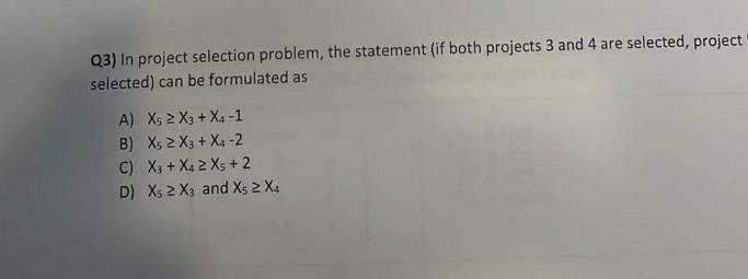Solved Q3) In project selection problem, the statement (if | Chegg.com
