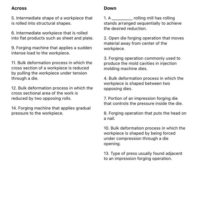 Solved BULK DEFORMATION PROCESSES Name Across Down 5. | Chegg.com
