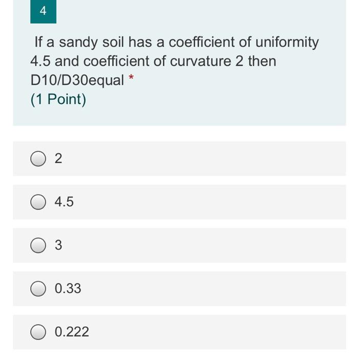 Solved 4 If a sandy soil has a coefficient of uniformity 4.5 | Chegg.com