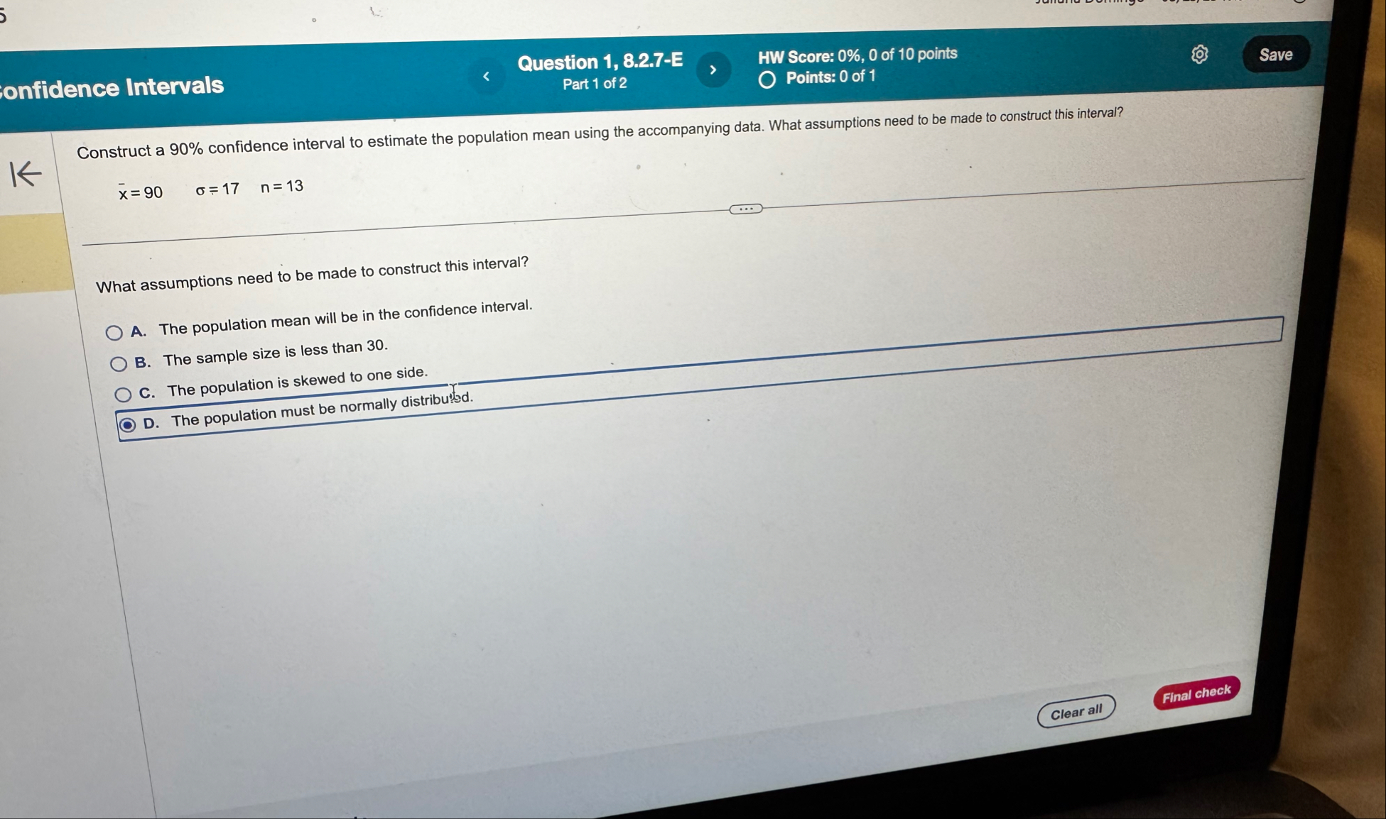Solved Question 1, 8.2.7-E , ﻿HW Score: 0%,0 ﻿of 10 | Chegg.com