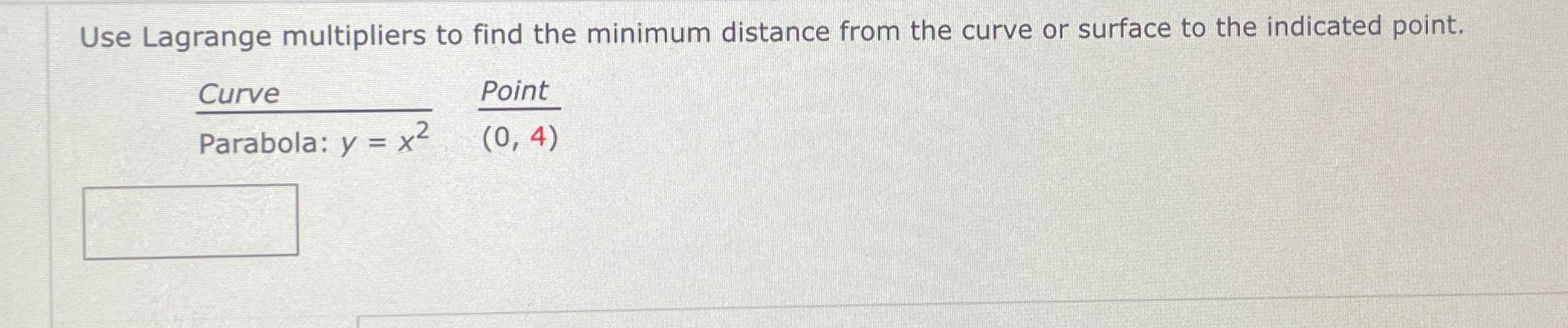 Solved Use Lagrange multipliers to find the minimum distance | Chegg.com