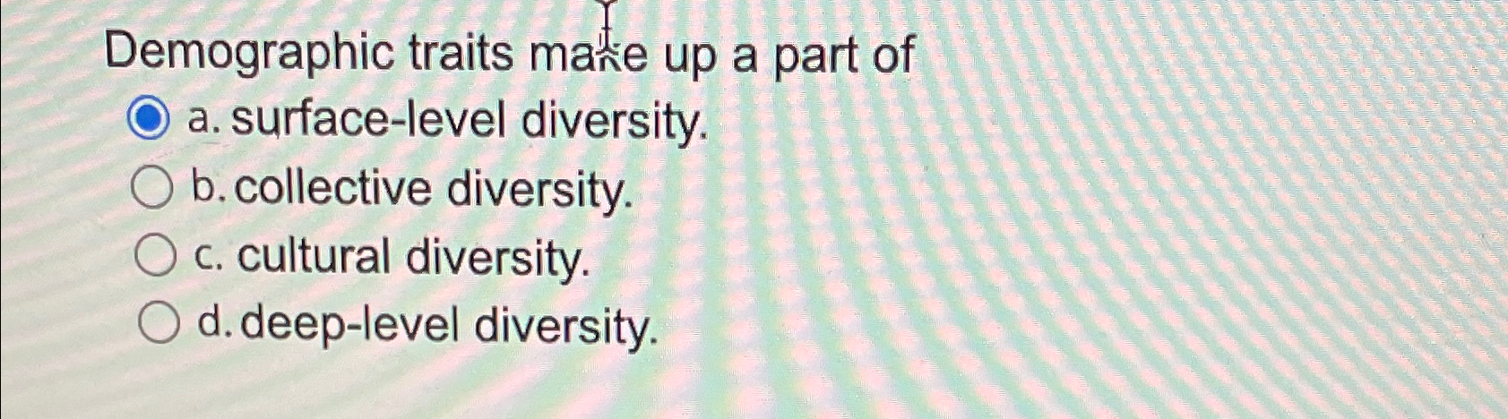 Solved Demographic traits mane up a part ofa. ﻿surface-level | Chegg.com