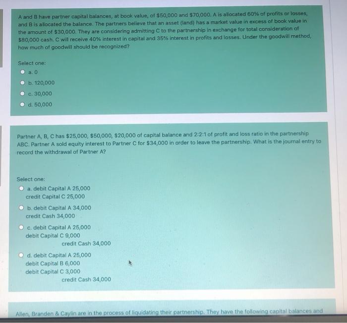 Solved A and B have partner capital balances, at book value, | Chegg.com