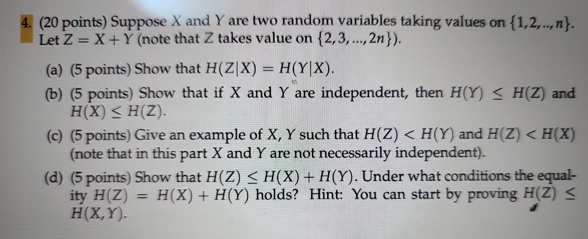 Solved 4. (20 points) Suppose X and Y are two random | Chegg.com