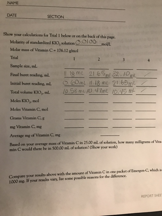 Solved NAME DATE SECTION Show your calculations for Trial 1 | Chegg.com