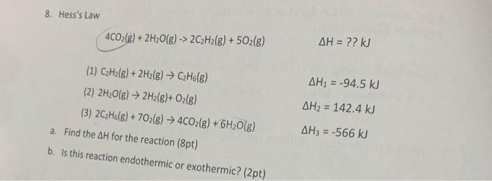 Solved 8. Hess's Law 4CO2( g)+2H2O(g)→2C2H2( g)+5O2( g)ΔH=?? | Chegg.com