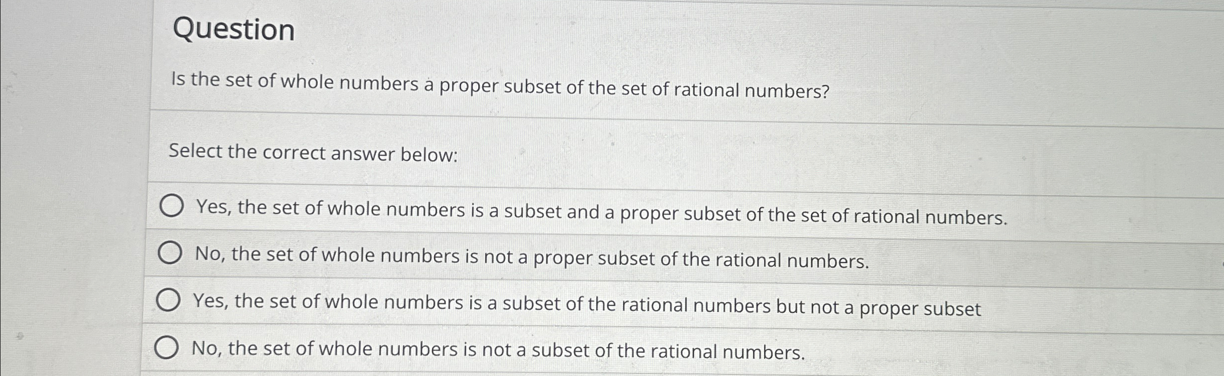 Solved QuestionIs the set of whole numbers a proper subset | Chegg.com