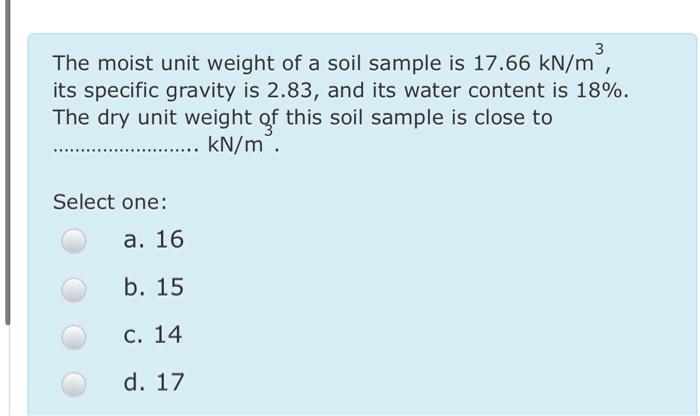 Solved The moist unit weight of a soil sample is 17.66 | Chegg.com