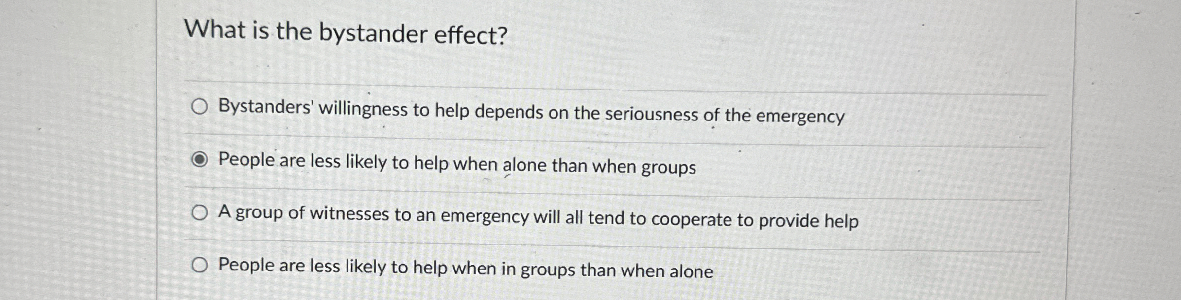 Solved What is the bystander effect?Bystanders' willingness | Chegg.com