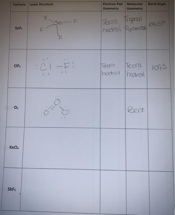 Solved Formula Lewis Structure Bond Angle Electron Pair | Chegg.com