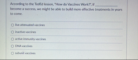 Solved According to the TedEd lesson, "How do Vaccines | Chegg.com