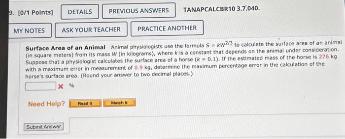 Solved Surface Area of an Animal Animal physiologists use | Chegg.com