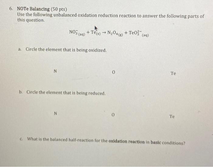 Solved 6. Use the following unbalanced oxidation reduction | Chegg.com