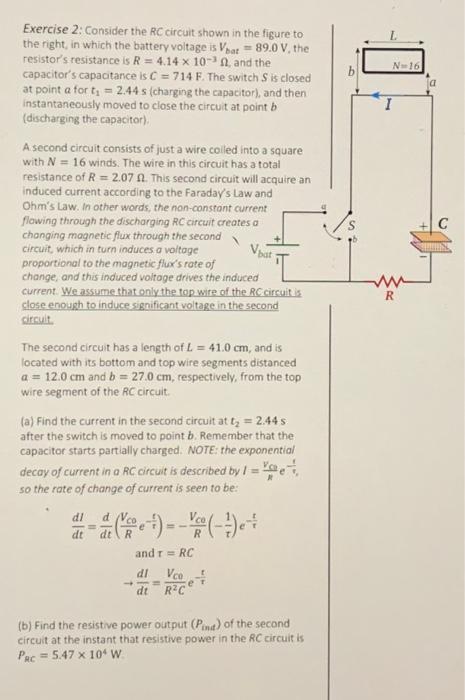 Exercise 2; Consider the RC circuit shown in the the | Chegg.com