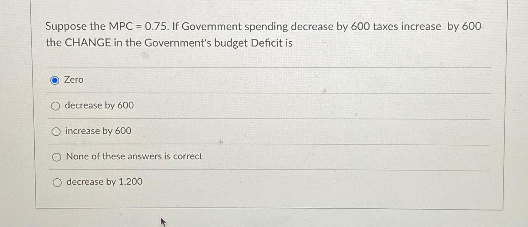 Solved Suppose the MPC =0.75. ﻿If Government spending | Chegg.com