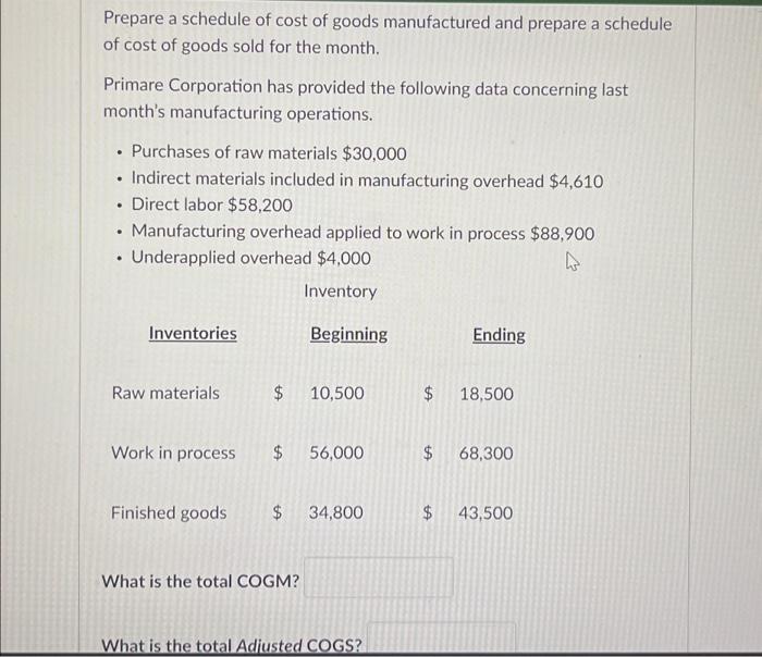 Solved Prepare a schedule of cost of goods manufactured and | Chegg.com