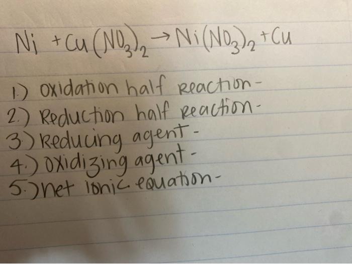Solved Ni + Cu(NO3)2 -> Ni(NO3)2 +Cu 1) oxidation half | Chegg.com
