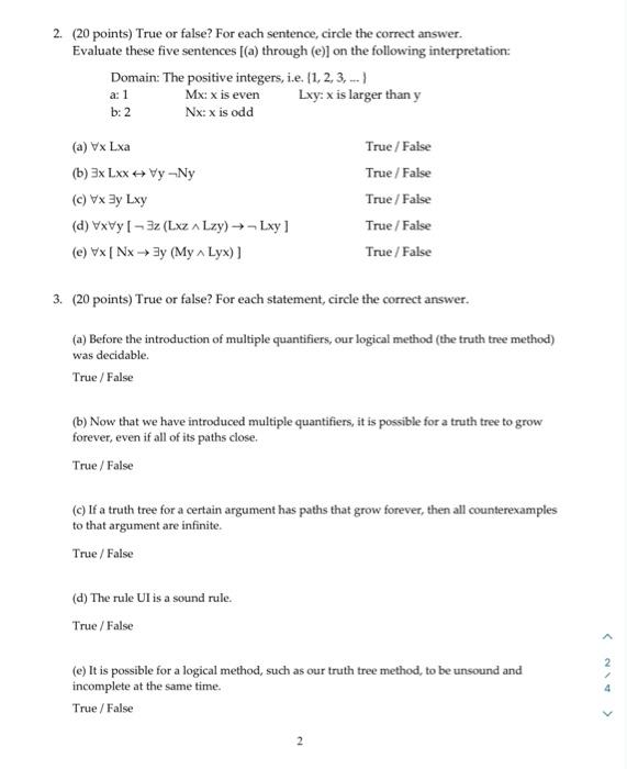 Solved 2. (20 points) True or false? For each sentence, | Chegg.com