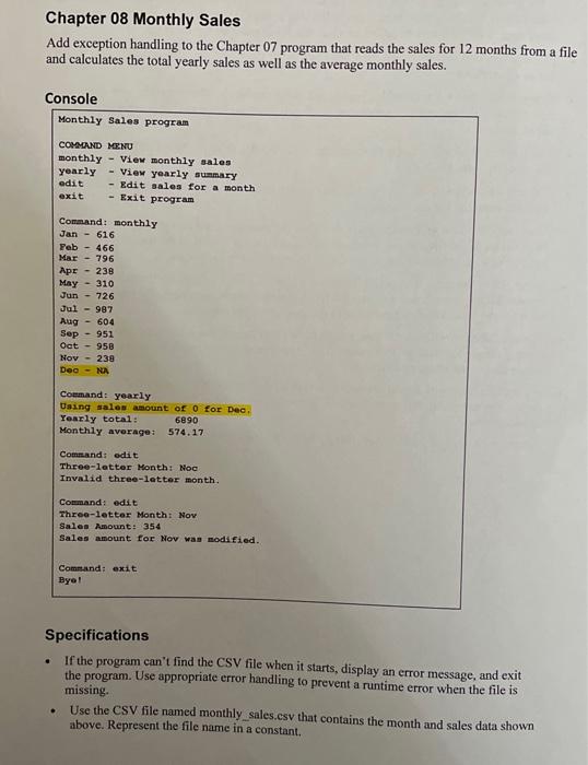 Chapter 08 Monthly Sales Add exception handling to | Chegg.com