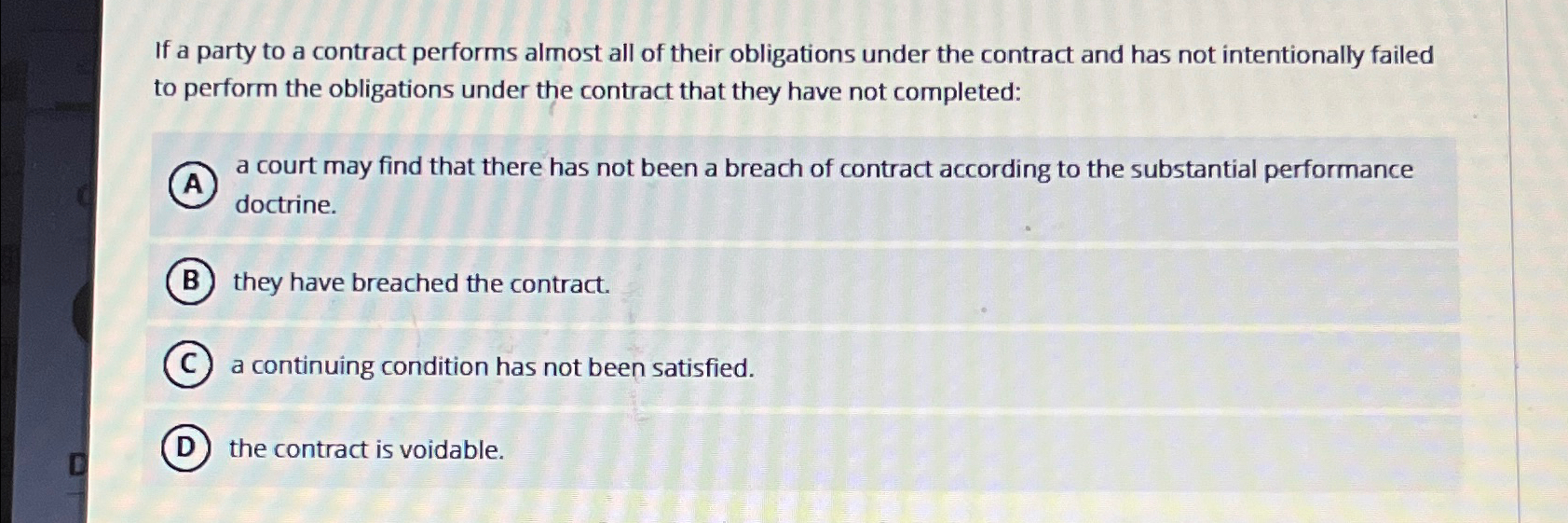 Solved If a party to a contract performs almost all of their | Chegg.com