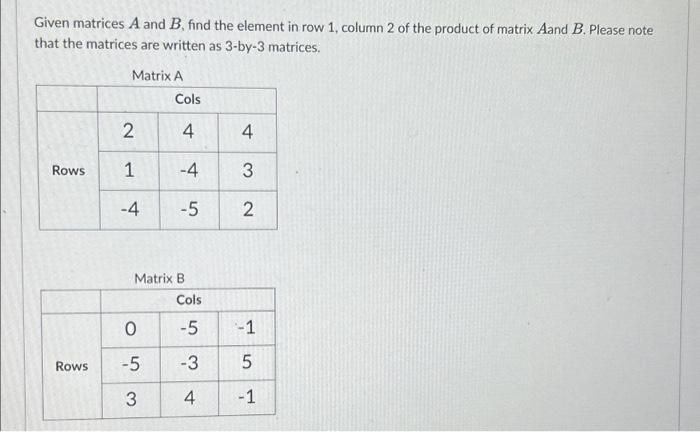 Solved Given matrices A and B, find the element in row 1, | Chegg.com