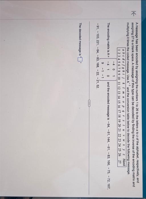 Solved A message has been encoded by assigning the numbers 1 | Chegg.com