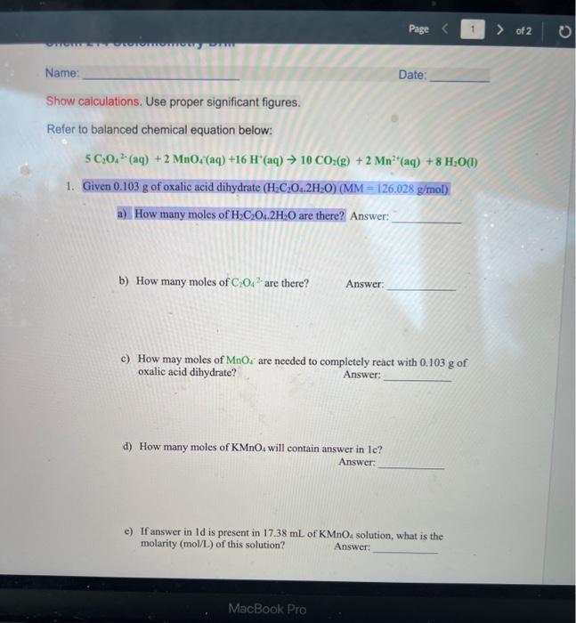 Solved Show calculations. Use proper significant figures. | Chegg.com