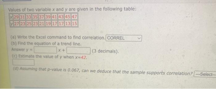 Solved Values of two variable \\( x \\) and \\( y \\) are | Chegg.com