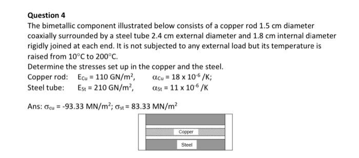 Solved Question 4 The bimetallic component illustrated below | Chegg.com