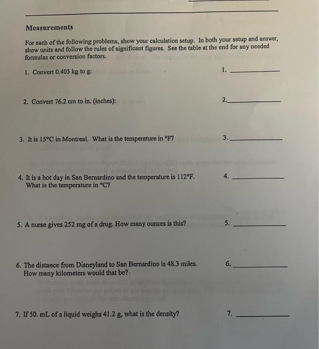 Solved Measurements For each of the following problems, show | Chegg.com