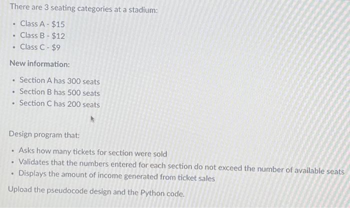 Solved There are 3 seating categories at a stadium: Class A | Chegg.com