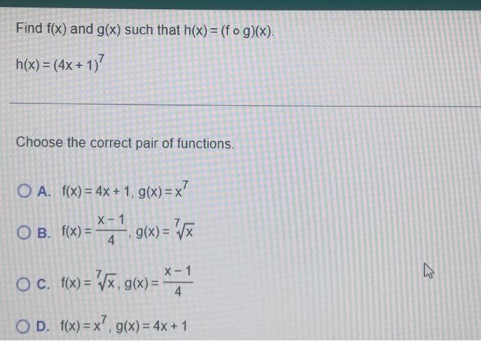 Solved Find f(x) and g(x) such that h(x) = (fog)(x). h(x) = | Chegg.com