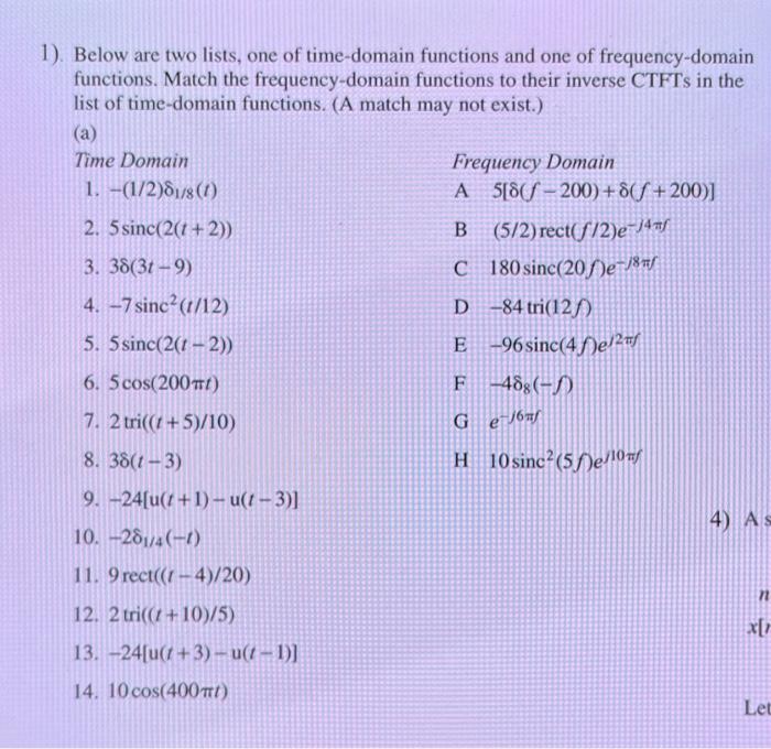 Solved 1). Below are two lists, one of time-domain functions | Chegg.com