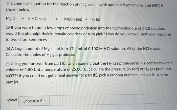 Solved The chemical equation for the reaction of magnesium | Chegg.com