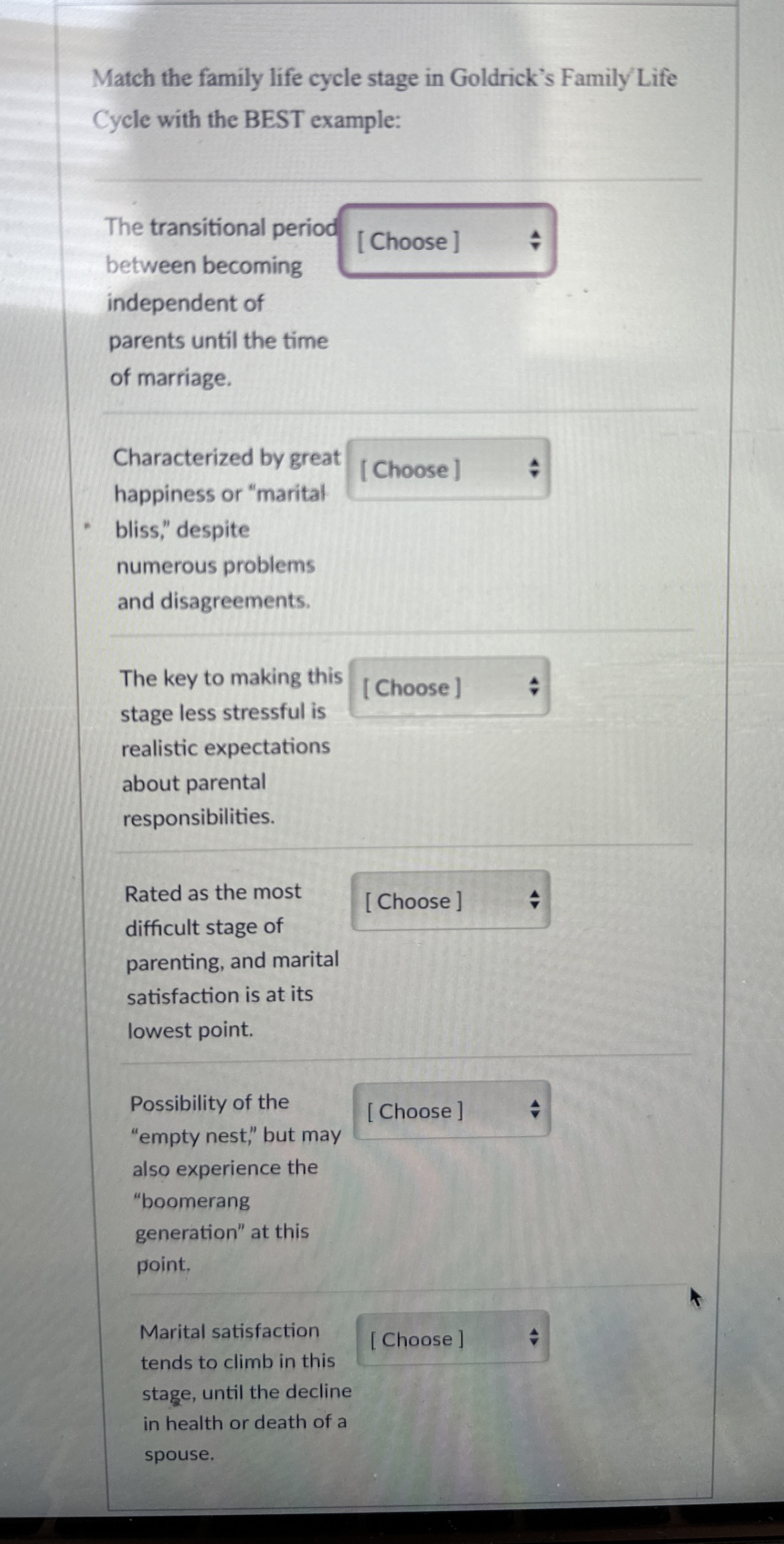Solved Match the family life cycle stage in Goldrick's | Chegg.com