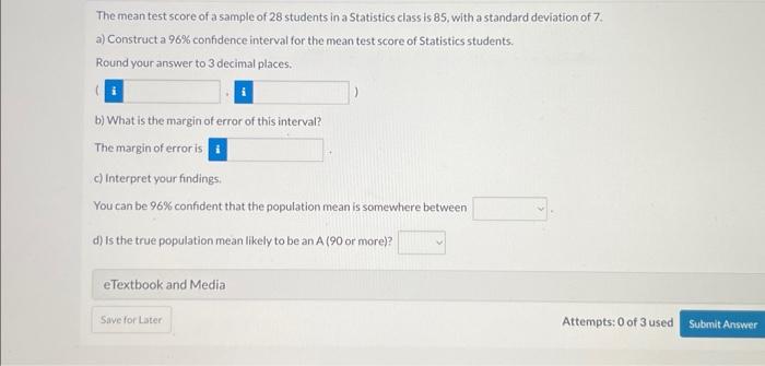 Solved The mean test score of a sample of 28 students in a | Chegg.com