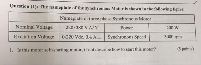 Solved Question (1): The nameplate of the synchronous Motor | Chegg.com