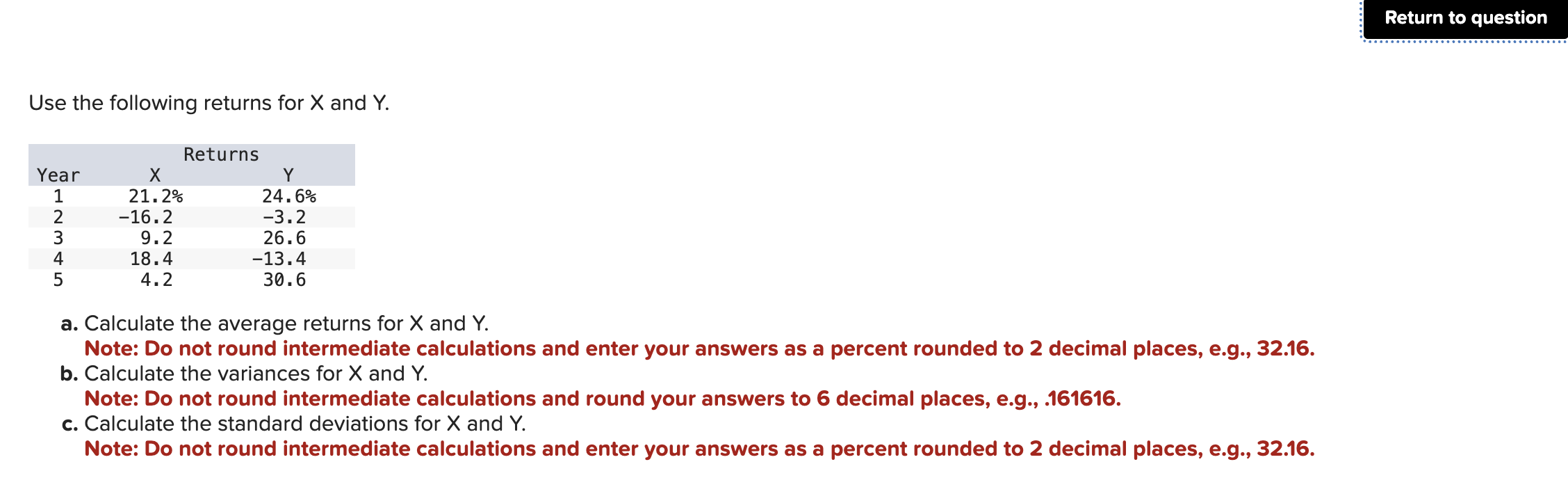 Solved Use the following returns for x ﻿and Y.a. ﻿Calculate | Chegg.com
