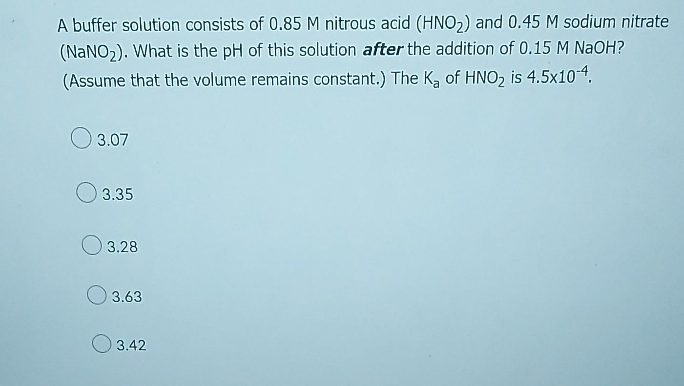 Solved A buffer solution consists of 0.85 M nitrous acid | Chegg.com