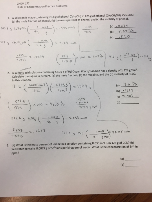 Solved CHEM 172 Units of Concentration Practice Problems 1. | Chegg.com