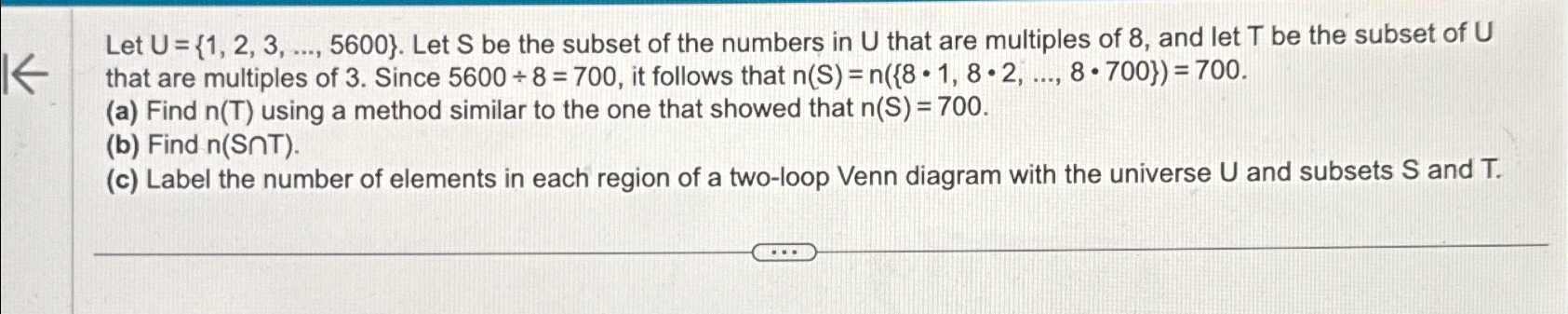 Solved Let U={1,2,3,dots,5600}. ﻿Let S ﻿be the subset of the | Chegg.com